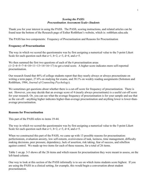 Pass Scoring Procrastination Assessment Scale Instructions