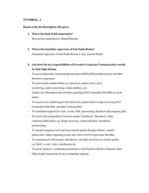 Tutorial 2 Hrm Tutorial 2 Based On The Job Description Jd Given 1 Who Is The Head Of