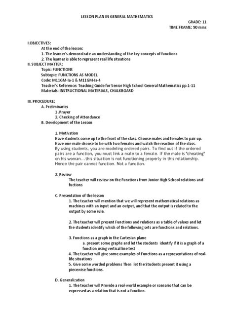 Lesson Plan In General Mathematics Function Mathematics Lesson Plan
