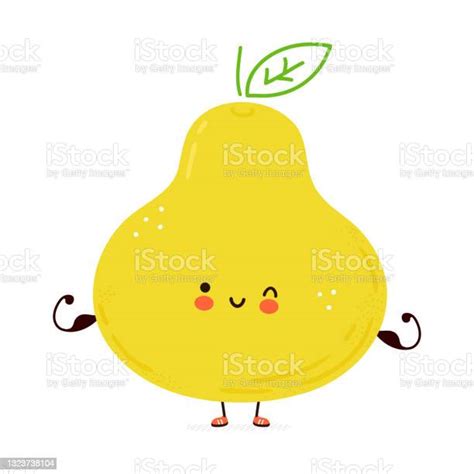 귀여운 재미 배 과일 쇼 근육 벡터 핸드 그린 만화 가와이 캐릭터 일러스트 아이콘 흰색 배경에 격리 페어 과일 피트니스 컨셉 0명에 대한 스톡 벡터 아트 및 기타 이미지