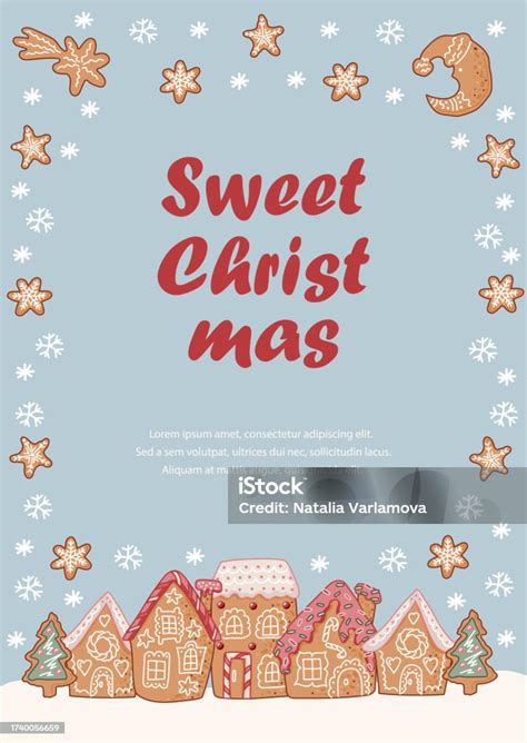 진저브레드 하우스 초승달 별이 있는 템플릿은 쿠키 교환 파티 겨울 방학 초대장 크리스마스와 새해 복 많이 받으세요 인사말 카드 플레이어 텍스트를 위한 공간입니다 벡터