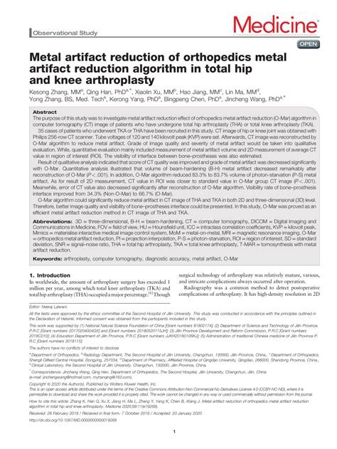 Pdf Metal Artifact Reduction Of Orthopedics Metal Artifact Reduction Algorithm In Total Hip
