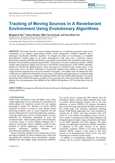 Pdf Tracking Of Moving Sources In A Reverberant Environment Using Evolutionary Algorithms