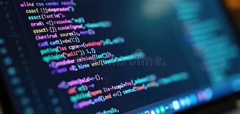 Close Up Of Monitor Screen With Program Source Code Dark Blue Background Colorful Code Syntax