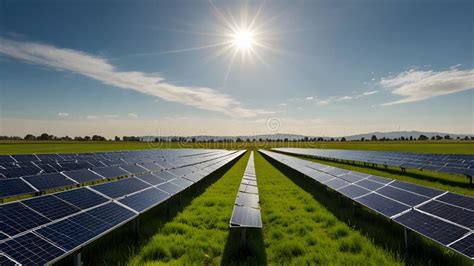 A Vast Array Of Solar Panels Spread Across A Vibrant Green Field Under