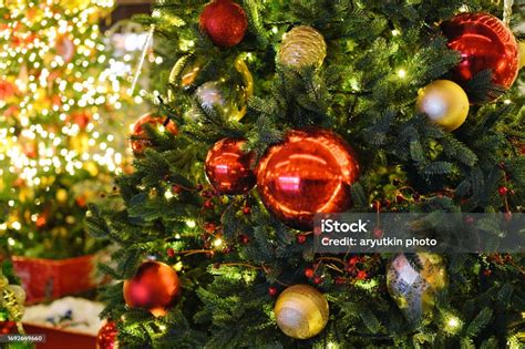 흐릿하고 반짝이는 요정 배경에 아름답게 장식된 크리스마스 트리 새해 분위기 인사말 카드에 대한 멋진 사진입니다 0명에 대한 스톡 사진 및 기타 이미지 Istock