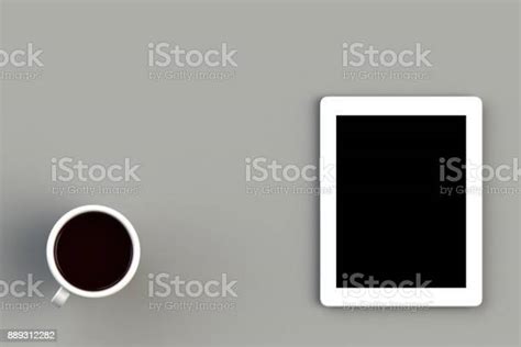 커피 컵 회색 배경에 타블렛으로 상위 텍스트 Copyspace 보기 3d 렌더링 0명에 대한 스톡 사진 및 기타 이미지 0명 경관 공란 Istock