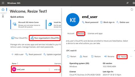 resize a windows 365 business cloud pc microsoft learn