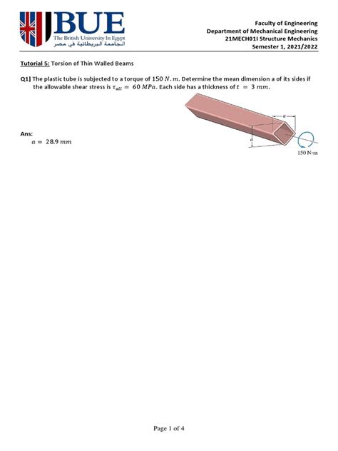 21mech01i Tutorial 5 Torsion Of Thin Walled Beams Pdf