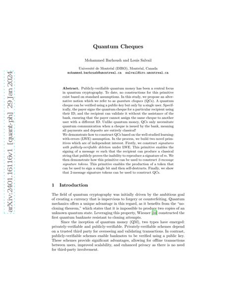 Quantum Cheques 智源社区论文