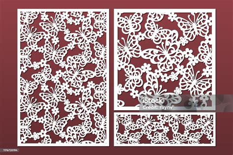 나비와 꽃의 패턴 레이저 컷 캐비닛 프렛 워크 천공 패널 외부 절단을 위한 템플릿 세트입니다 금속 종이 또는 나무 조각 야외 화면 레이저에 대한 스톡 벡터 아트 및 기타