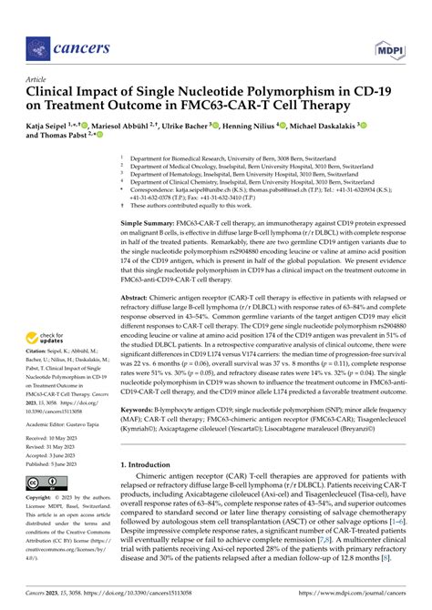 Pdf Clinical Impact Of Single Nucleotide Polymorphism In Cd 19 On Treatment Outcome In Fmc63