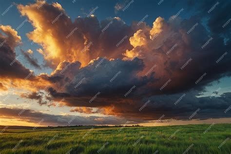 Dramatic Clouds At Sunset Over A Grassy Expans Premium Ai Generated Image