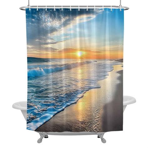 Beach Sunset Shower Curtain For Bathroom Ocean Spray Waterproof Cloth