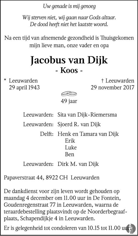 Jacobus Koos Van Dijk 29 11 2017 Overlijdensbericht En Condoleances Mensenlinq Nl