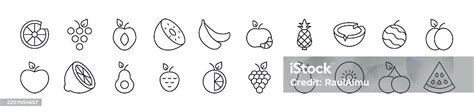 수박 코코넛 포도 및 기타 과일의 라인 아이콘 번들입니다 편집 가능한 스트로크 카드 앱 배너 게시물 디자인을 위한 미니멀한 선형 그림 0명에 대한 스톡 벡터 아트 및 기타
