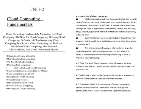 CC UNIT II Notes UNIT Cloud Computing Fundamentals Cloud Computing