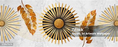 3d 현대 미술 프레임 캔버스 벽화 벽지입니다 황금색 검은색 원 장식용 황금색 선과 밝은 회색 배경의 가지 잎 0명에 대한 스톡