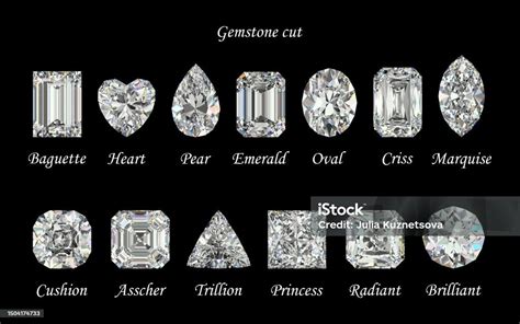 Set Of Diamonds In Different Cuts Crystals On A Black Background 3d