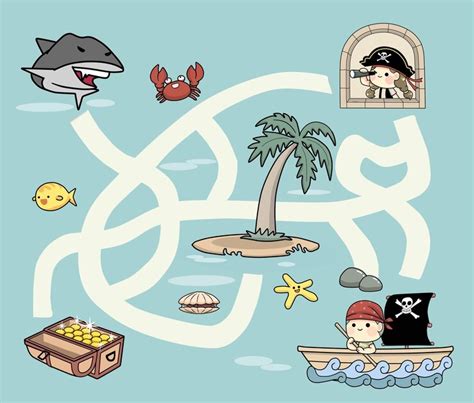 아이들을 위한 해적 미로 게임 만화 삽화 프리미엄 벡터