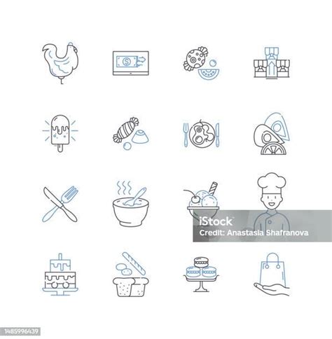 Gourmet Deli 라인 아이콘 컬렉션입니다 장인 샤퀴테리 프로슈토 바게트 파니니 브루스케타 전채 벡터 및 선형 일러스트레이션 카프레제 델리카트슨 파스트라미 개요 표지판