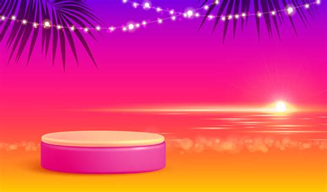 3d 무대와 야자수가 있는 여름 해변 배경 화려한 여름 풍경입니다 벡터 그림 0명에 대한 스톡 벡터 아트 및 기타 이미지 0명 3차원 형태 강단 Istock