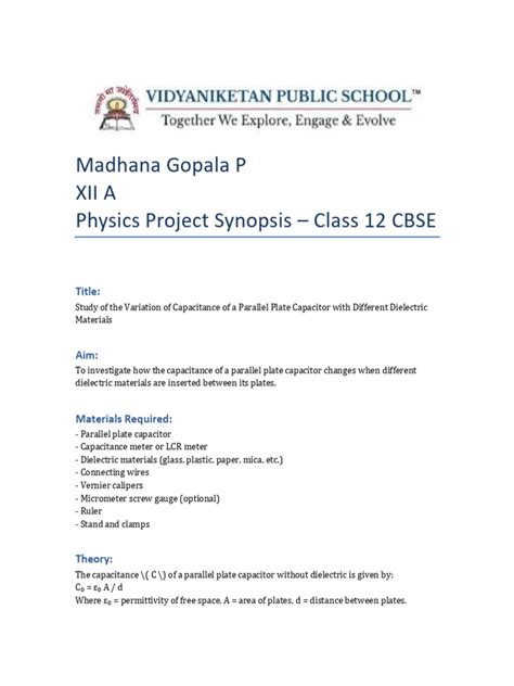Physics Project Capacitance Dielectric Pdf