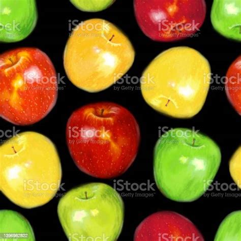 육즙이 많은 사과는 이음새가 없는 패턴입니다 수채화 스타일의 밝은 여름 디자인 0명에 대한 스톡 벡터 아트 및 기타 이미지 0명 검은색 과일 Istock