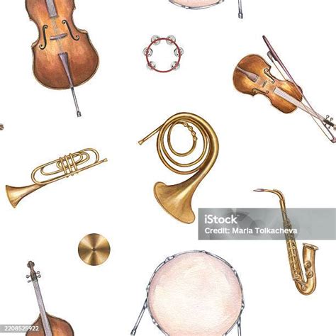 Watercolor Musical Percussion String And Wind Instruments Seamless