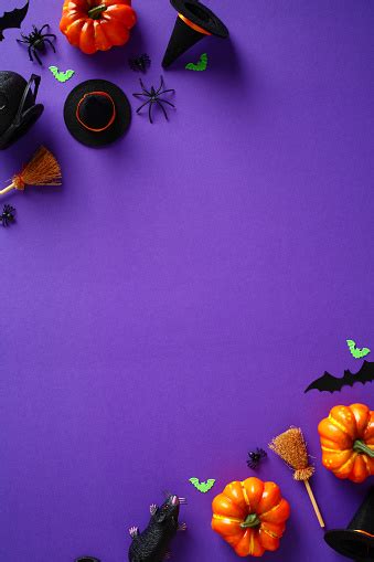 해피 할로윈 휴가 개념 보라색 배경에 할로윈 장식 박쥐 호박 거미 마녀 모자 및 빗자루가있는 수직 배너 디자인 플랫 레이 상단보기 복사 공간 0명에 대한 스톡 사진 및 기타