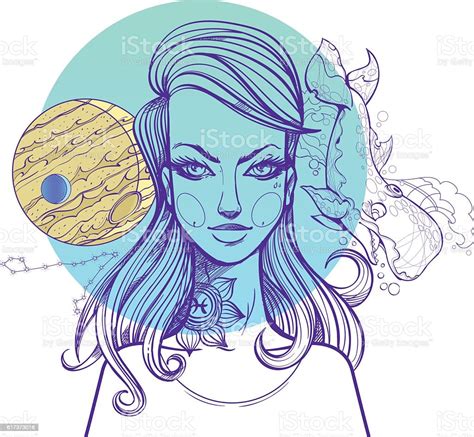 소녀의 초상화는 조디악 기호 물고기자리 기호를 상징한다 가냘픈에 대한 스톡 벡터 아트 및 기타 이미지 가냘픈 고래 귀여운