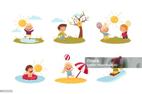 웅덩이에서 튀고 배드민턴을 치고 수영하고 썰매 벡터 세트에서 내리막길을 미끄러지는 계절을 즐기는 어린 아이들 아이에 대한 스톡 벡터 아트 및 기타 이미지 Istock