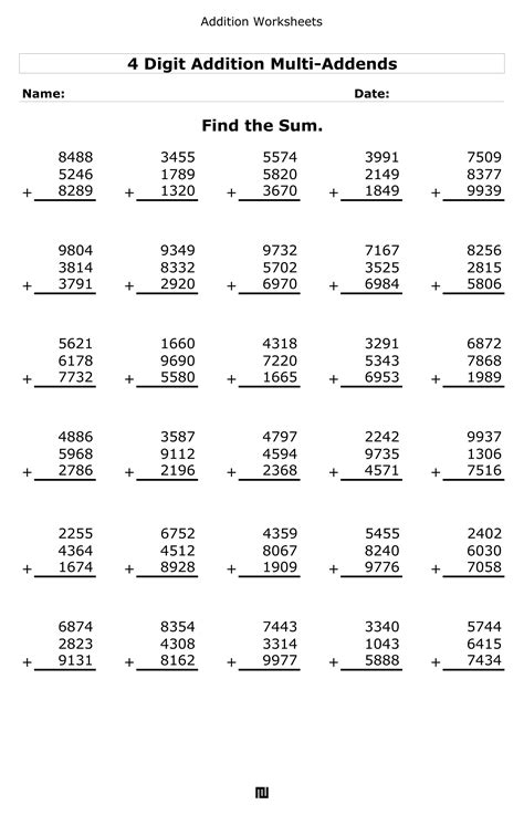 4 Digit Addition Multi Addends Multi Addends 4 Digit Numbers Adding