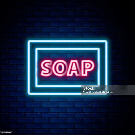 벽돌 벽 배경에 고립 된 거품 아이콘비누의 빛나는 네온 라인 바 거품이있는 비누 바 다채로운 개요 개념 벡터 건강한 생활방식에