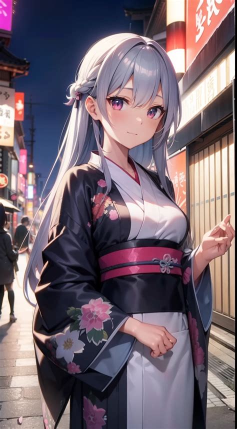 우산을 들고 길모퉁이에 서있는 기모노 복장의 애니메이션 소녀 Seaart Ai