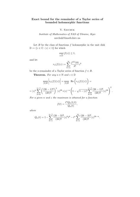 Pdf Exact Bound For The Remainder Of A Taylor Series Of Bounded Holomorphic Functions