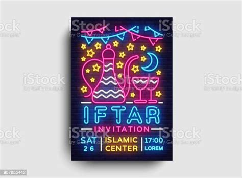 Iftar 파티 초대장 디자인 서식 파일 벡터입니다 Iftar 파티 전단지 전단지 현대적인 스타일 네온 스타일 이슬람 축제 아랍 문화 축제 광고 배너 밝은 라마단 카림 빛