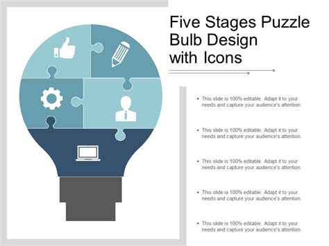 Five Stages Puzzle Bulb Design With Icons Ppt Powerpoint Presentation Styles Structure