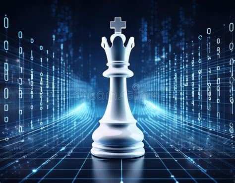 White Chess King With Blurred Binary Data And Computer Network On Dark