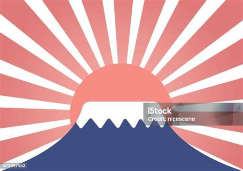 백그라운드에서 일본 국기의 후지산와 태양 광선 처럼 눈 산의 여름 풍경 벡터 일러스트 레이 션 평면 디자인입니다 겨울에 대한