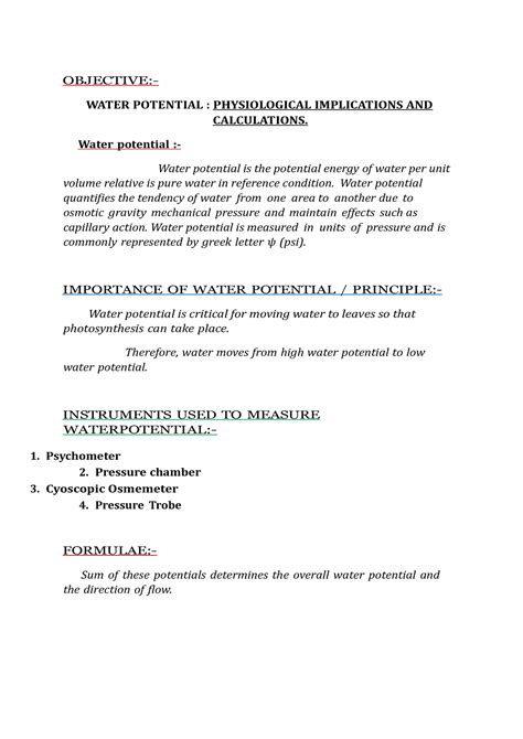 Water Potential Physiological Implications AND Calculations OBJECTIVE