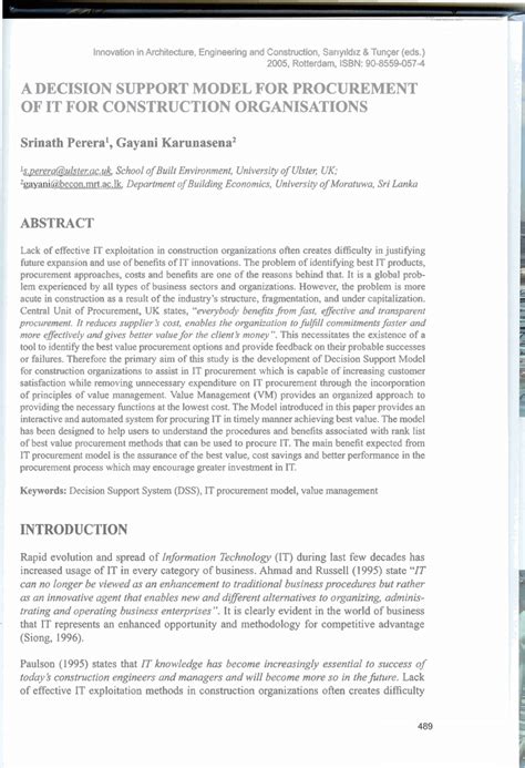 Pdf A Decision Support Model For Procurement Of It For Construction Organisations