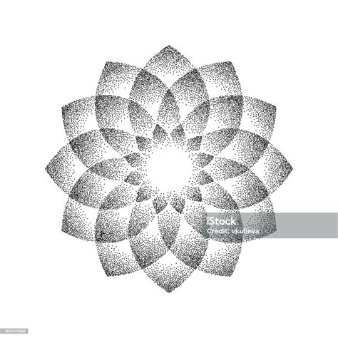 Stipple 꽃 배경입니다 점선 만다라 장식입니다 소음 곡물 꽃 모양입니다 추상적인 검은 꽃잎 장식 포스터 문신 배지 스티커를 위한 방사형 도트워크 패턴 디자인 벡터 0