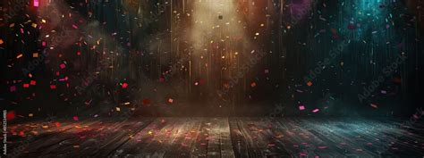 Dark Limbo Background With Colorful Confetti Falling A Surreal And