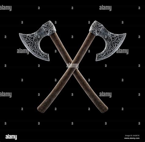 Two Crossed Axes Isolated On Black Background Stock Photo Alamy