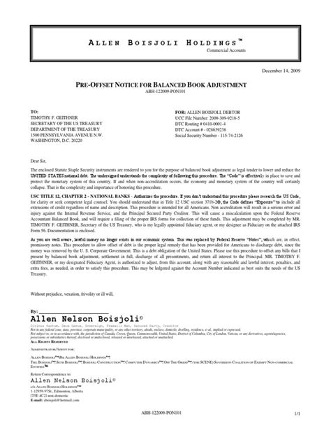 Pree Offset Notice Abh 122009 Pon101 Pdf Timothy Geithner Internal Revenue Service