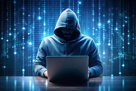 Hooded Hacker Using A Laptop In Dark Room With Glowing Binary Code Background Symbolizing