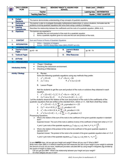 Q1 L7 Sum And Product Of Roots Pdf Equations Quadratic Equation