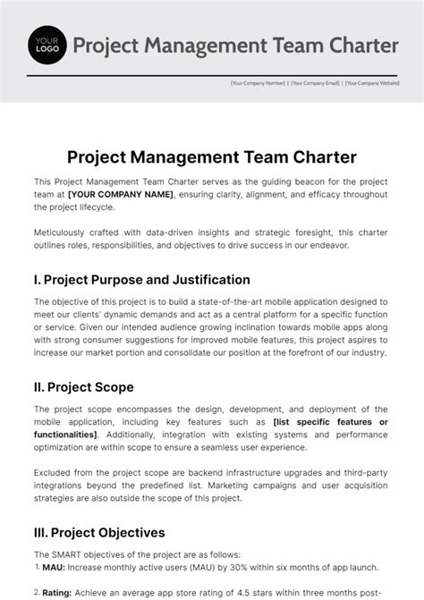 free project management team charter template to edit online