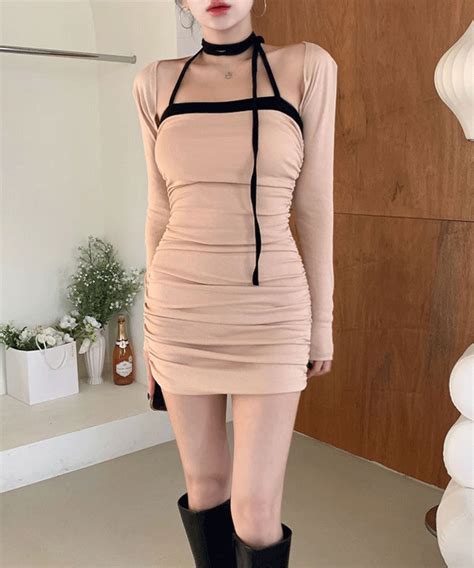 Set 연말룩추천 캐치 배색 끈 나시 원피스 볼레로 가디건 세트 에이블리